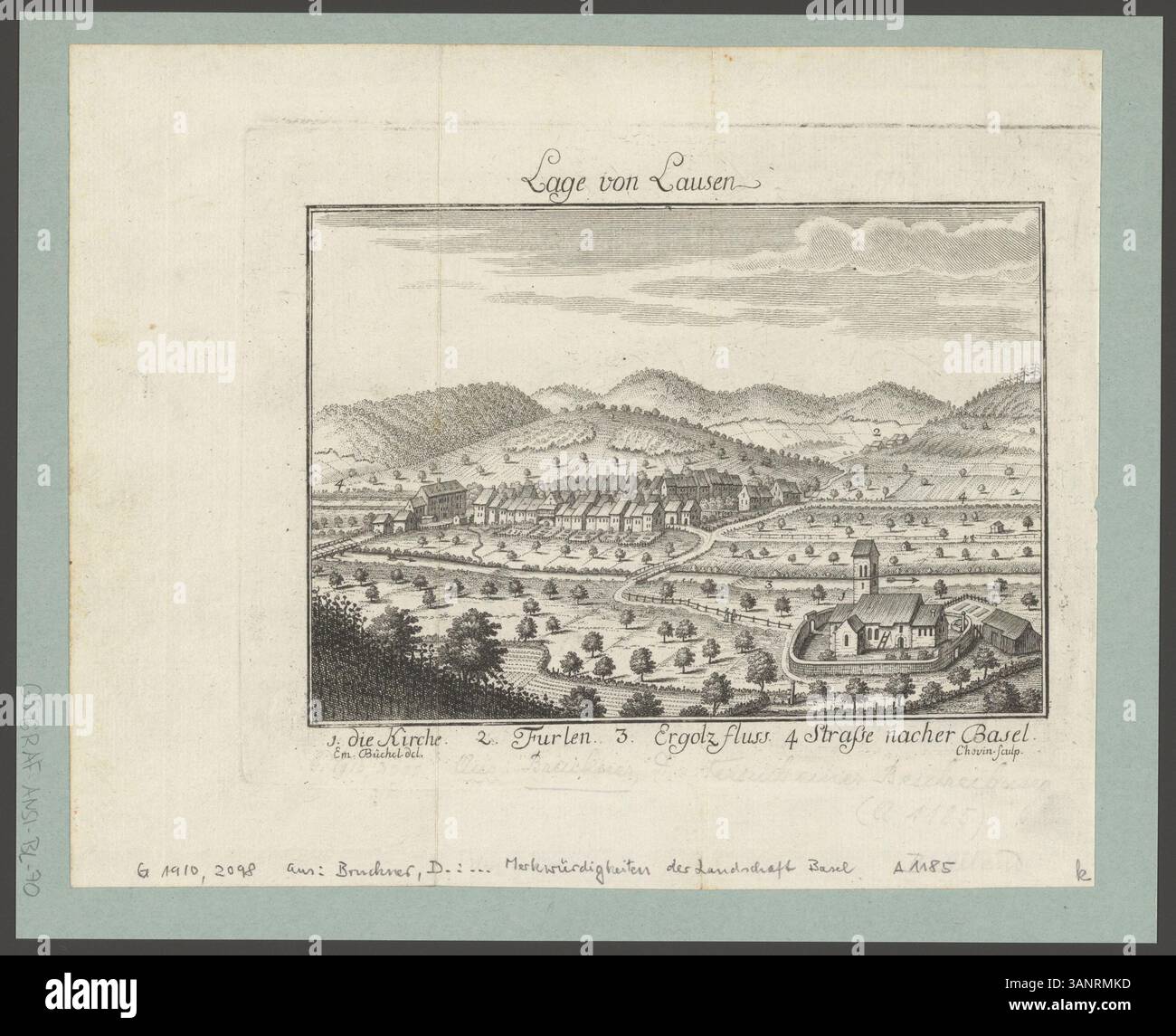 A 1754 etching showing the layout of Lausen, including landmarks such ...