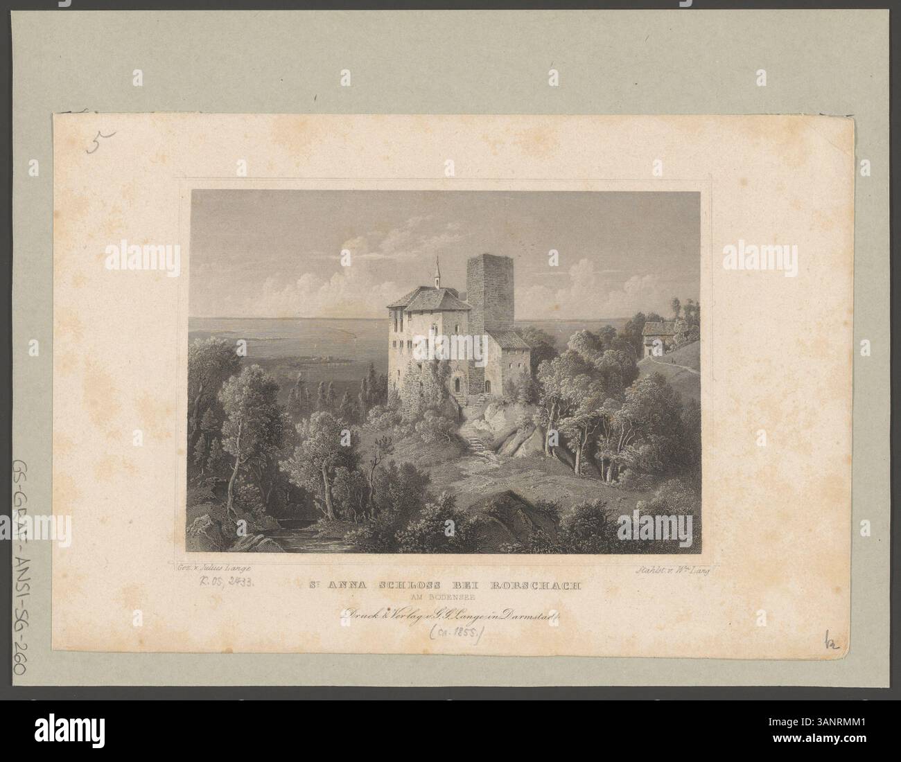 Steel engraving depicting St. Anna Schloss near Rorschach on Lake ...