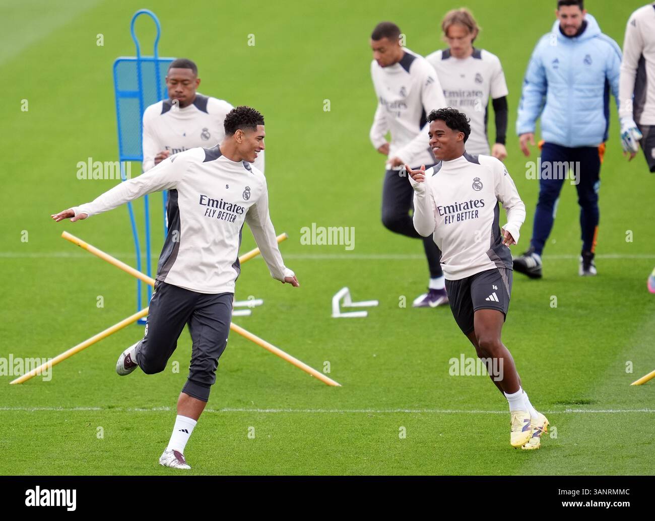 Real Madrid's Jude Bellingham and Endrick during training at the Ciudad Real Madrid Florentino ...