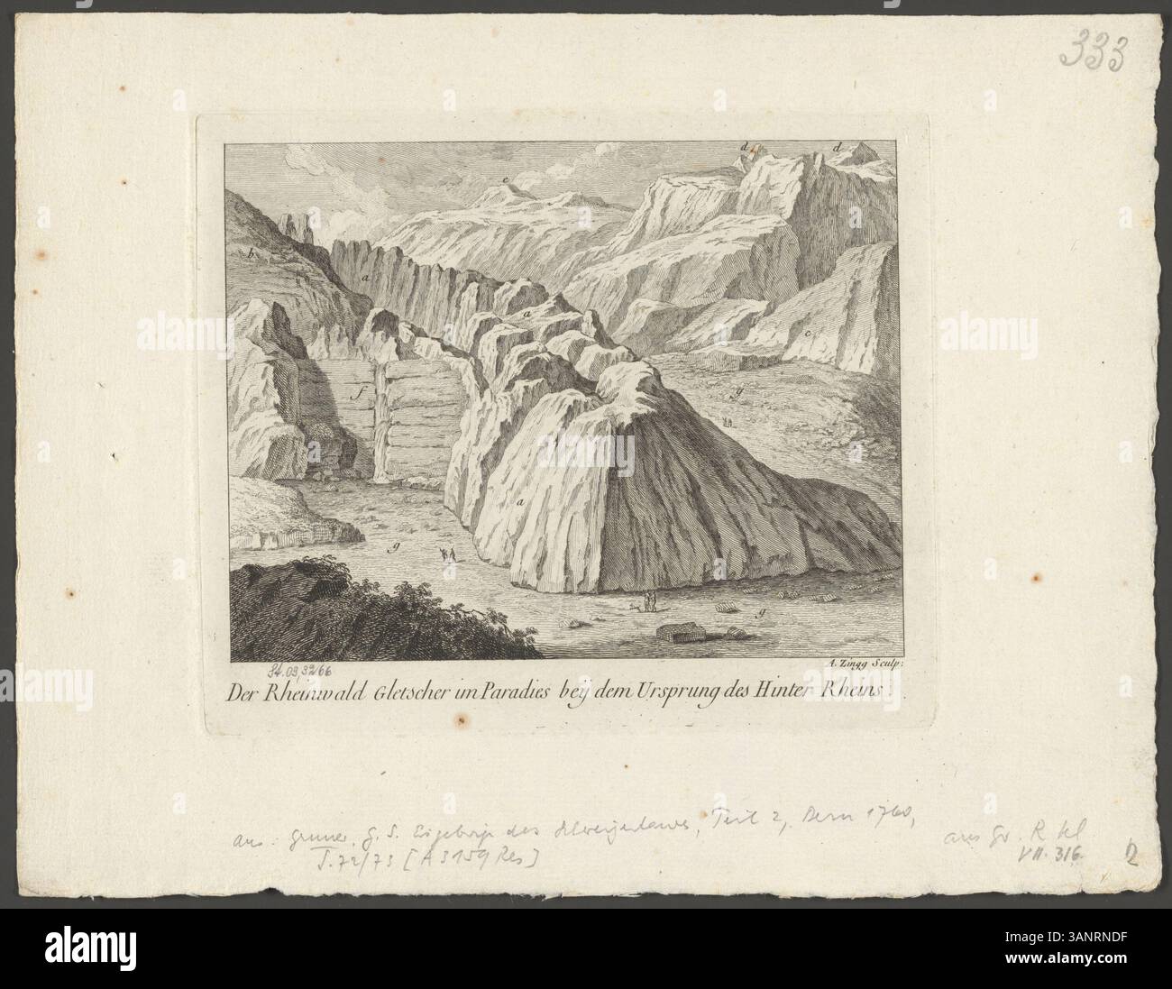 This etching from 1760 by Johann Caspar Ulinger and Adrian Zingg depicts the Rheinwald Glacier ...