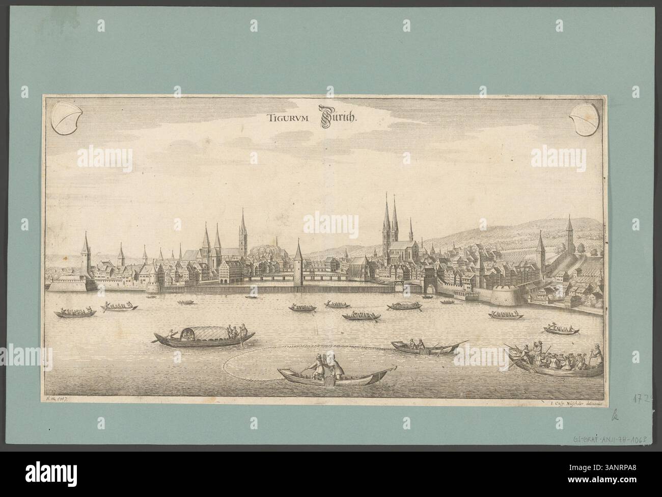 A 1654 etching by Hans Caspar Nüscheler depicting the city of Zürich ...