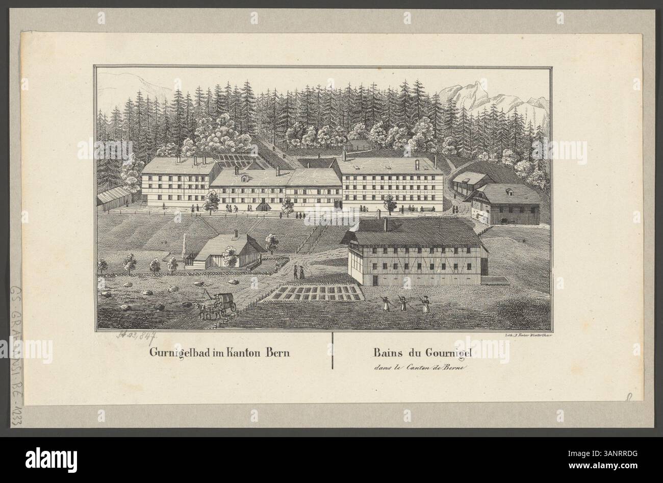 This lithograph portrays Gurnigelbad in the Canton of Bern, Switzerland ...