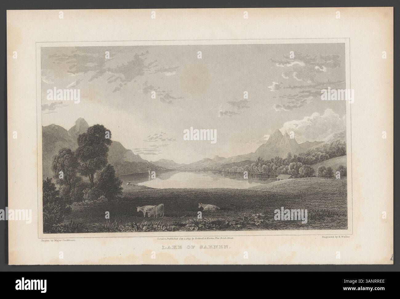Steel engraving from 1819, showing Lake of Sarnen in Switzerland. Drawn ...