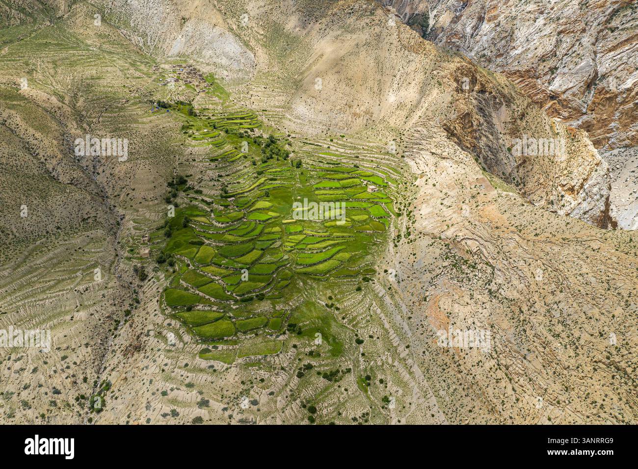 Aerial view of terraces and valley surrounded by mountains and greenery ...