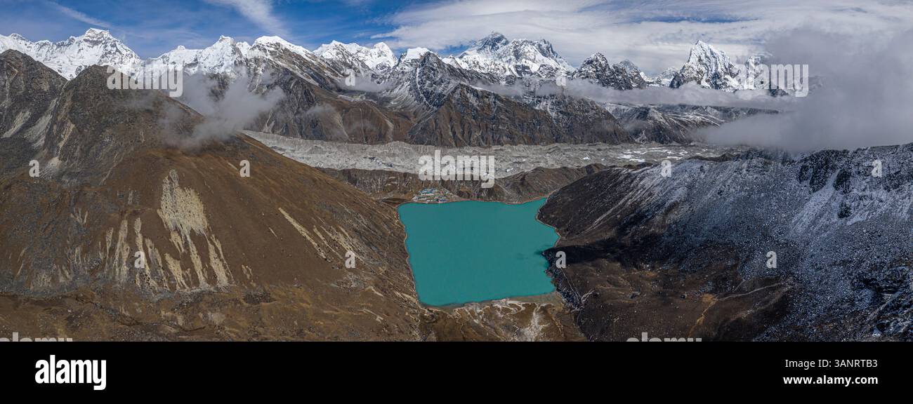 Aerial view of Gokyo lake with Cholatse mountain, Taboche mountain, and ...