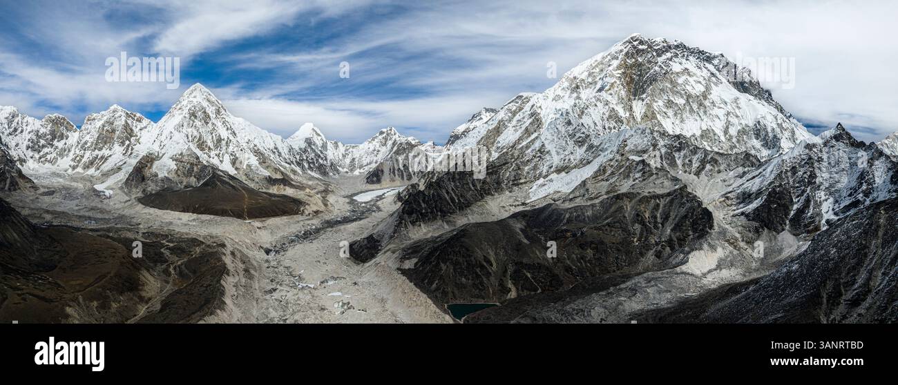 Aerial view of Mount Nuptse, Kongma tse, Khumbu glacier with snowy ...