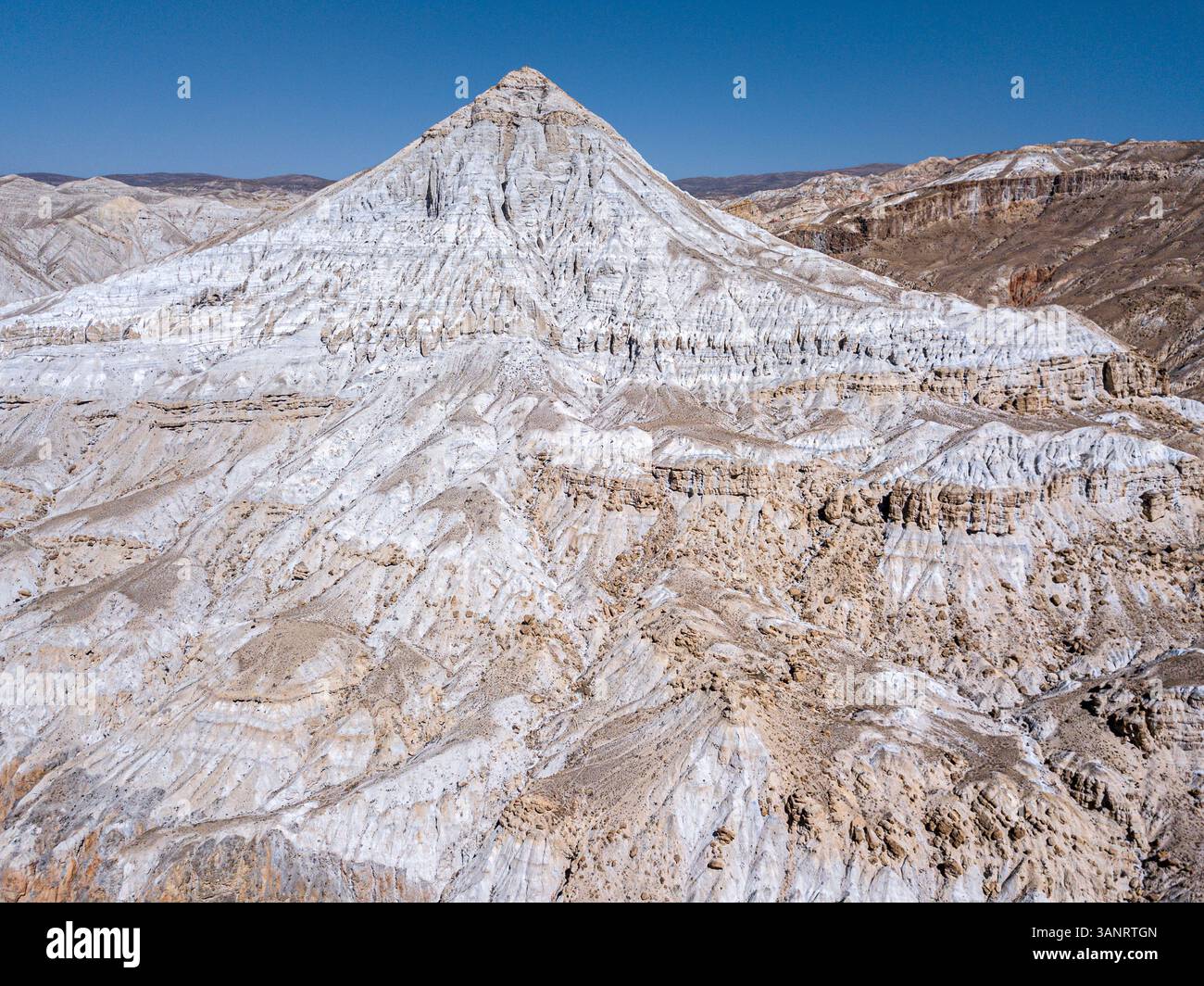 Aerial view of barren, rugged mountain landscape in Lo Manthang ...