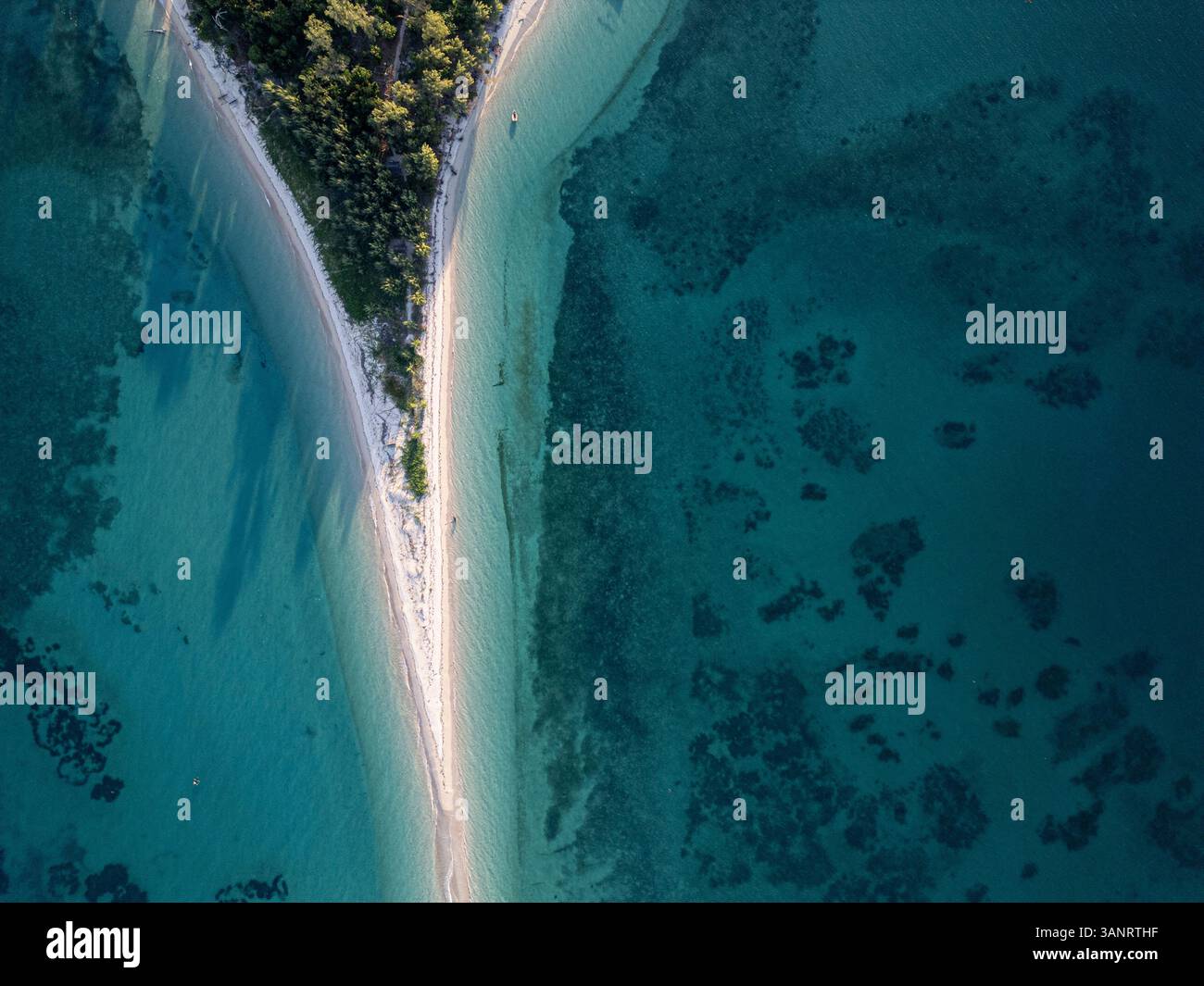 Aerial view of Nosy Lava Island with sandy shore and turquoise water ...