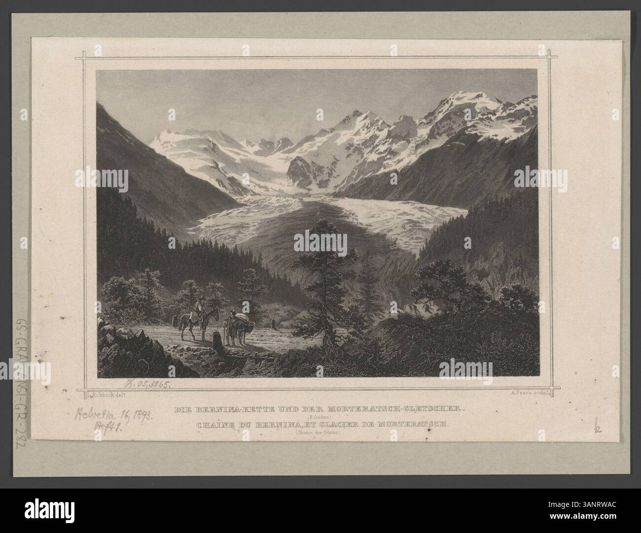 This circa 1861-1866 steel engraving depicts the Bernina Range and Morteratsch Glacier in the ...