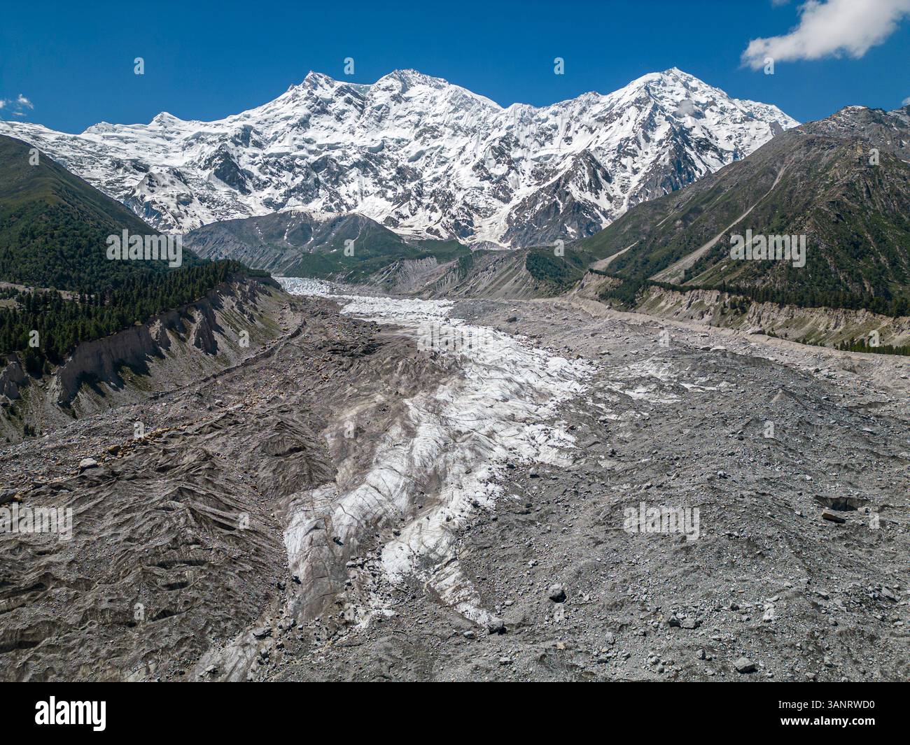 Aerial view of snow-capped Nanga Parbat and Rakhiot glacier, Karakoram ...