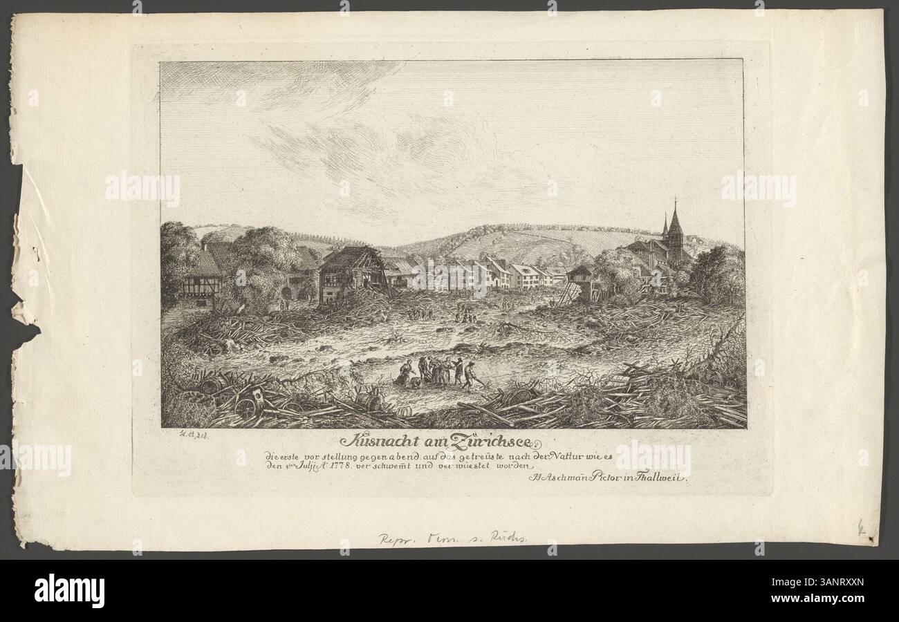 This etching print by Johann Jakob Aschmann depicts Küsnacht on Lake ...