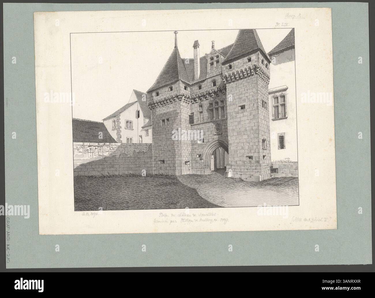 This 1852 lithograph print portrays the Porte du Château de Neuchâtel ...