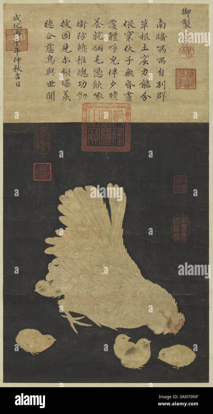 The painting of a hen and chicks showcases the delicate beauty of ...