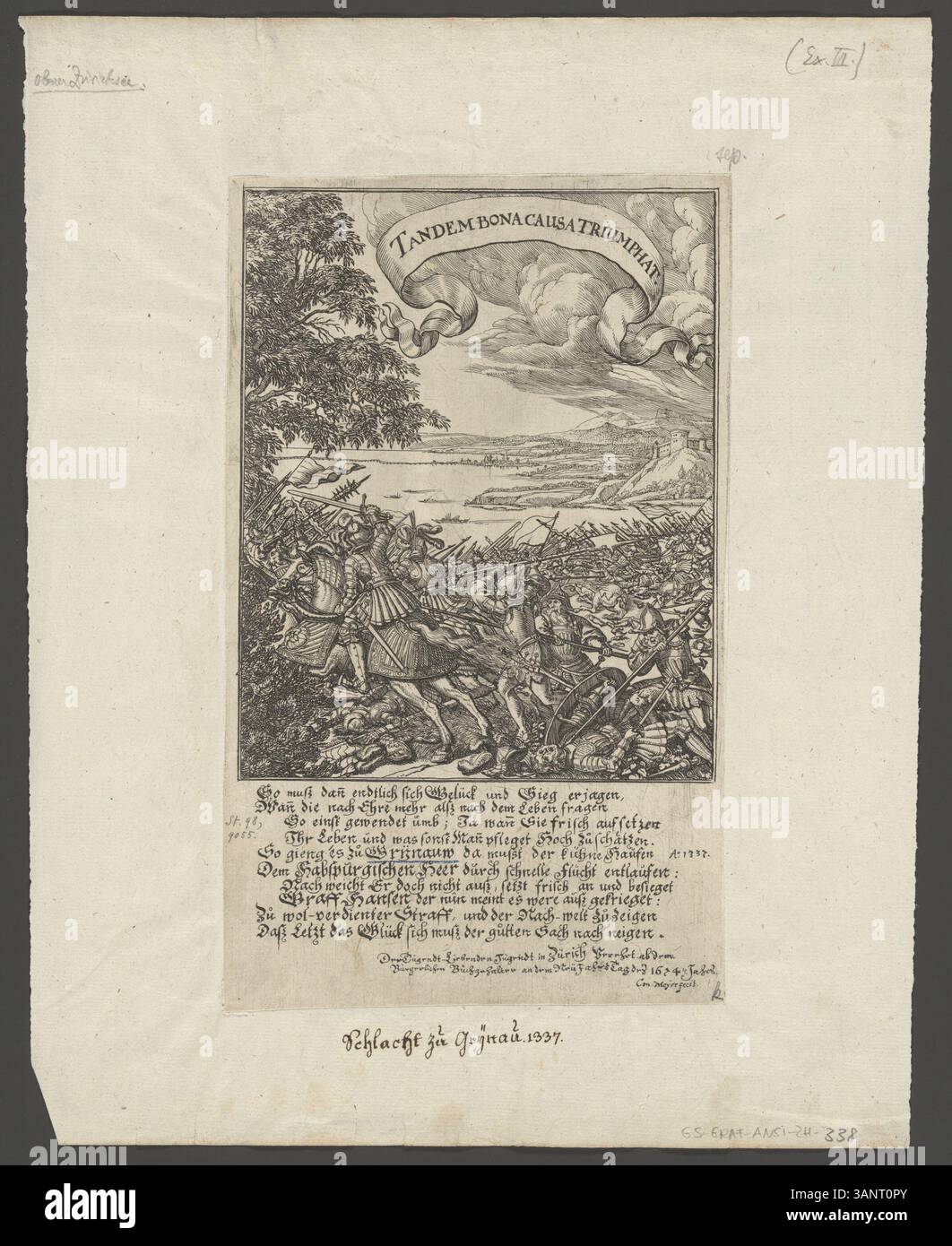 A 1674 print by Conrad Meyer, illustrating the battle of Grunau and a ...
