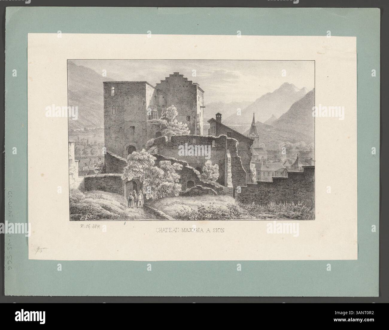 A lithograph print of Chateau Majoria in Sion, Switzerland, from the ...