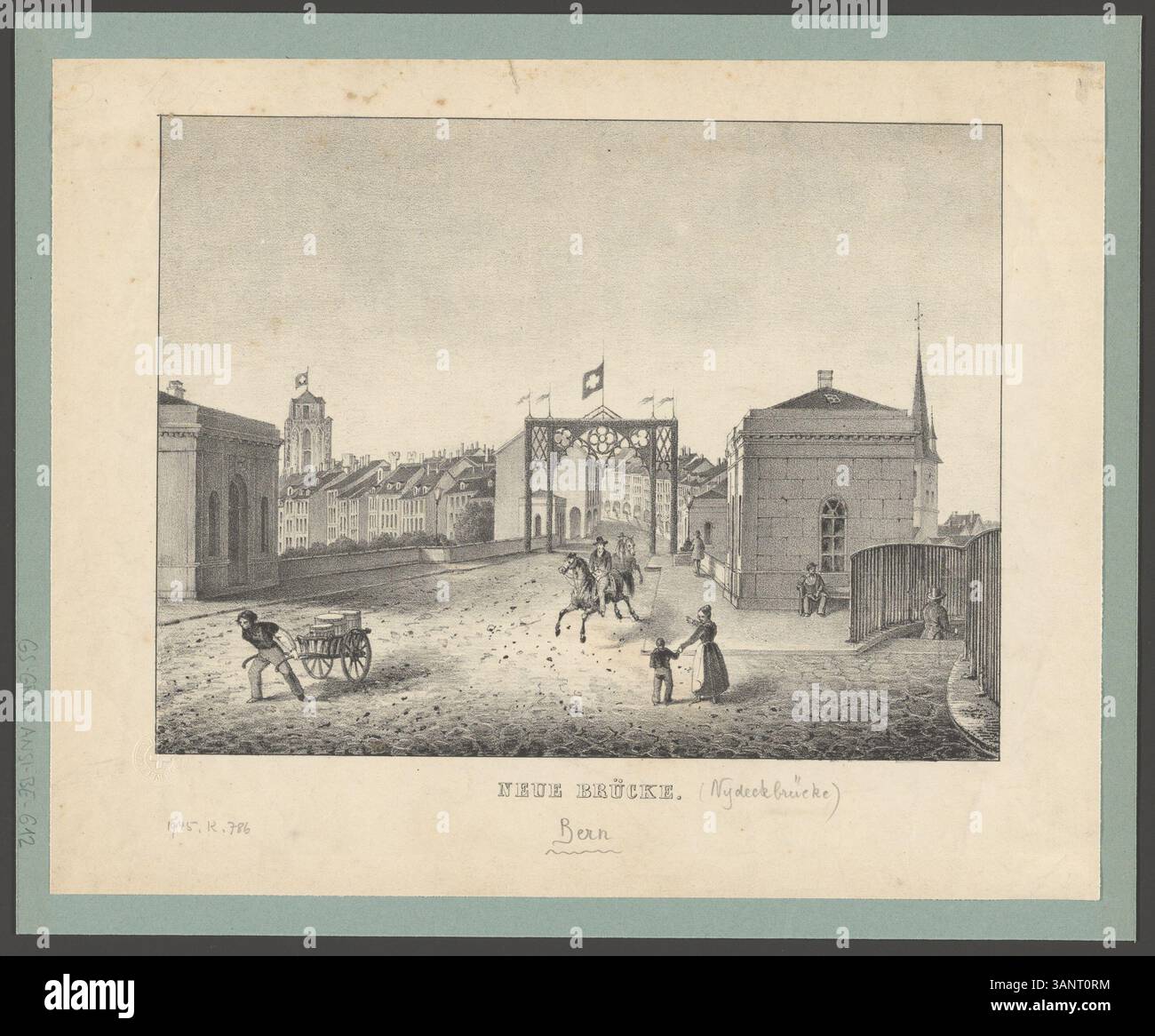 This lithograph depicts the Neue Brücke (New Bridge) in Bern. The print ...