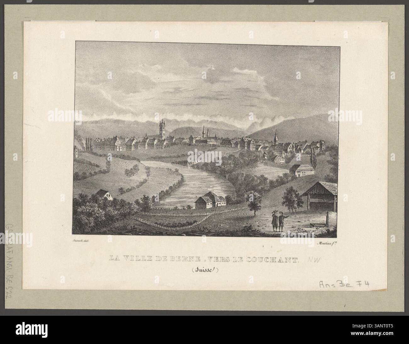 Lithograph print of Berne, Switzerland, showing the city towards the ...