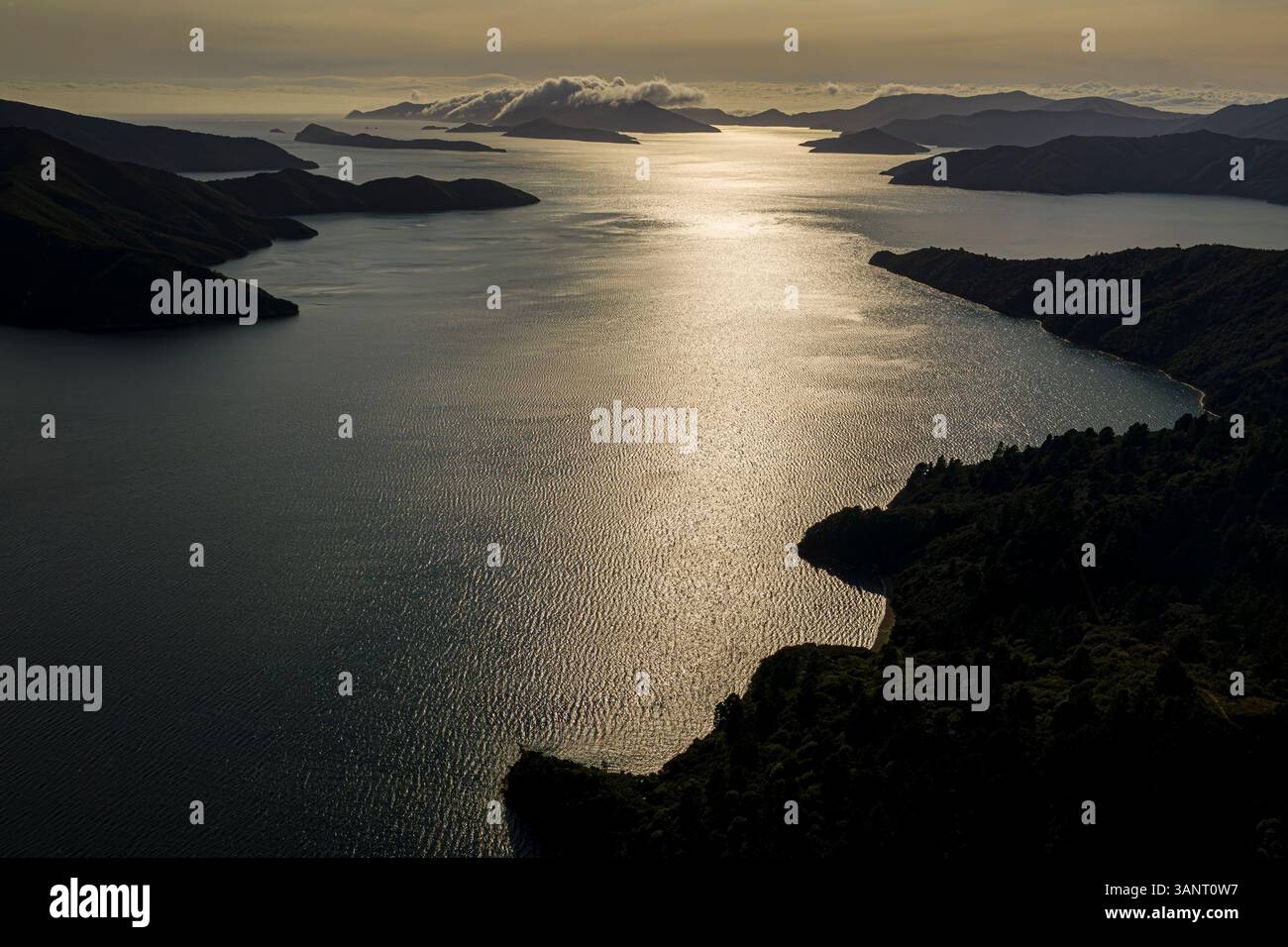 Aerial view of Endeavour Inlet and Deep Bay, Marlborough Sounds, New ...
