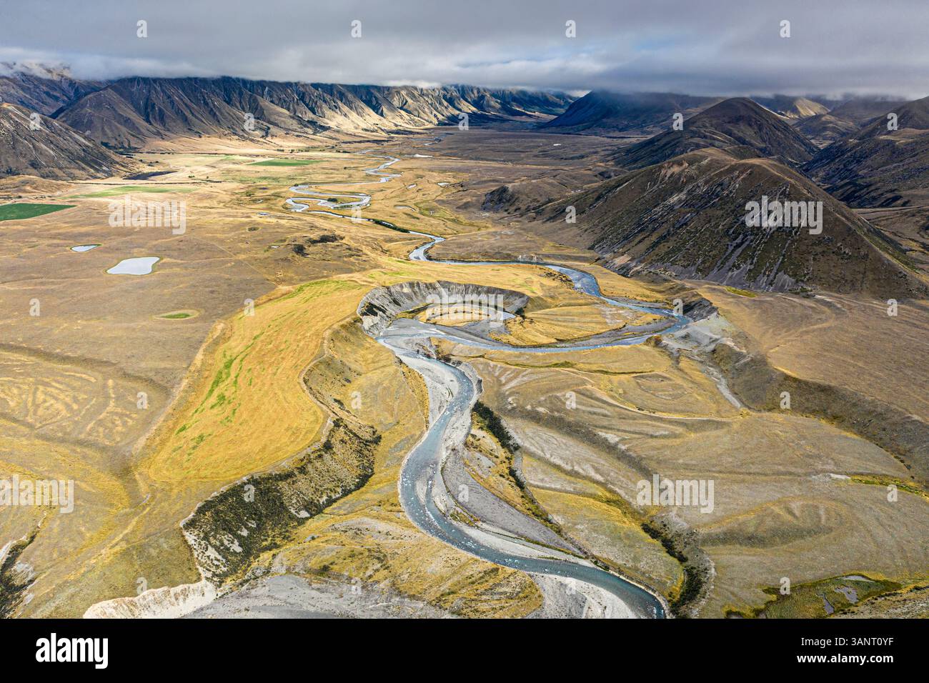 Aerial view of Ahuriri river, Omarama, Canterbury, New Zealand Stock ...