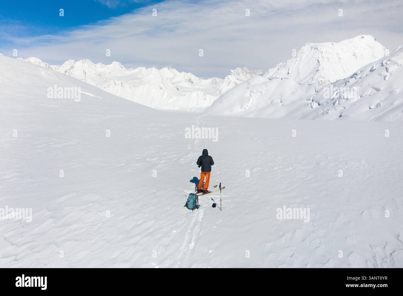 Aerial view of frozen Braldu glacier and Lukpe La Pass, Ski Pulka ...