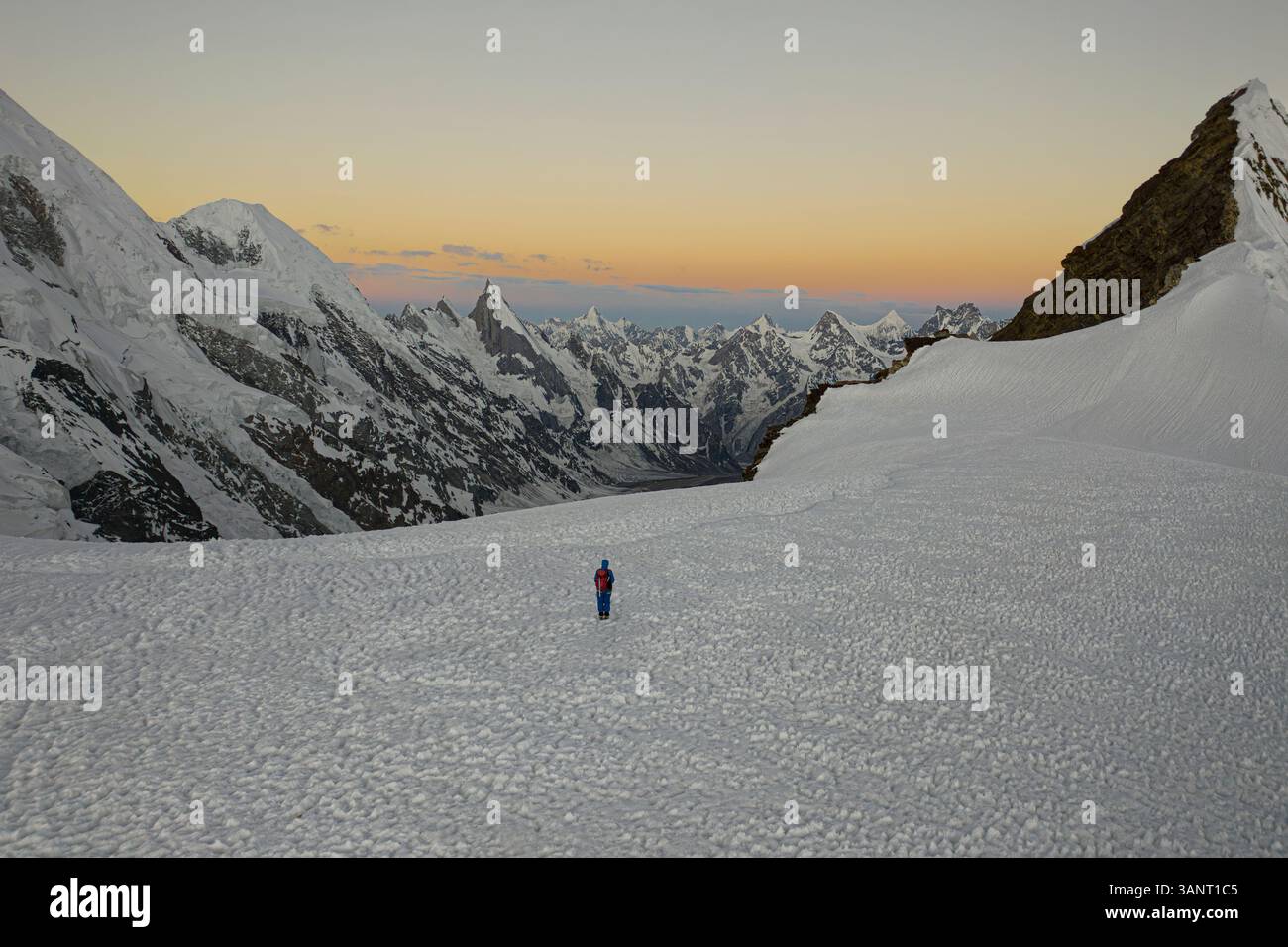 Aerial view of snow-covered Gondogoro pass, Laila peak, and Chogolisa ...