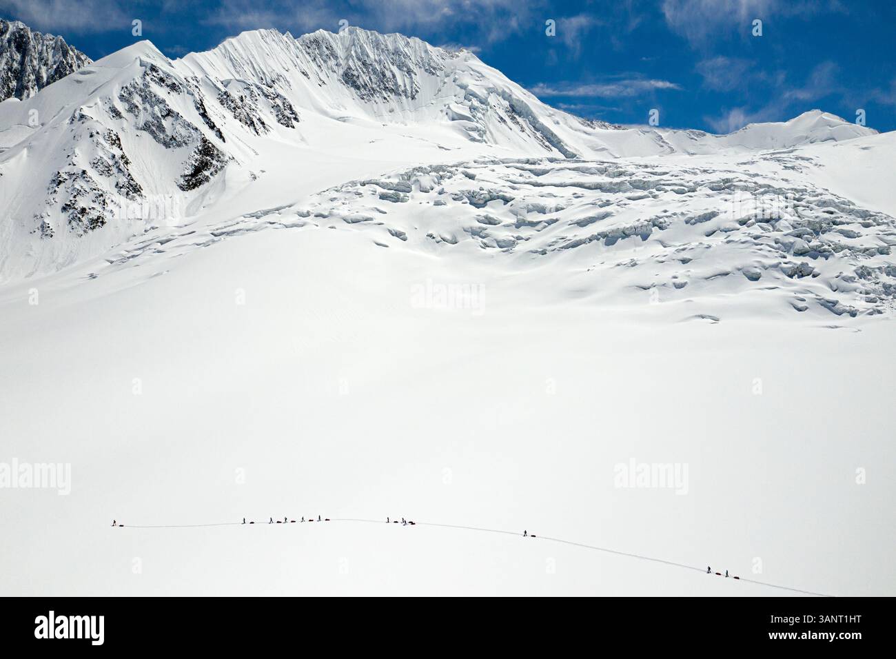 Aerial view of snowy ski slopes and Chikzar glacier, Mastuj, Khyber ...