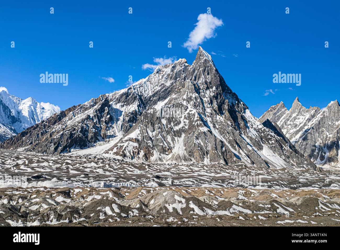 Aerial view of snow-covered Mitre mountain and Baltoro glacier, Shigar ...
