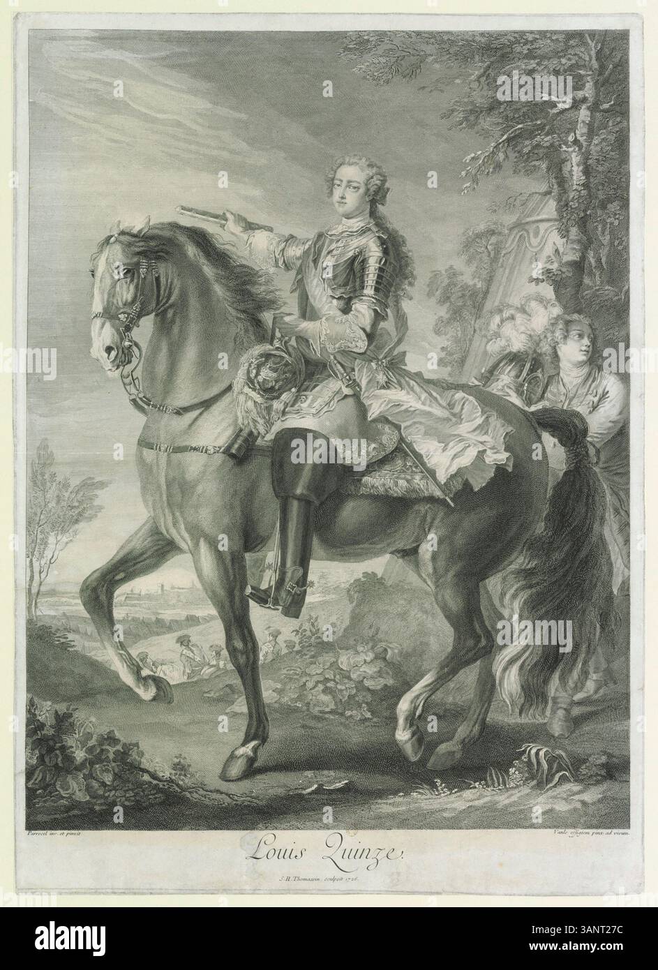 This 1726 print features King Louis XV on horseback, an etching and ...