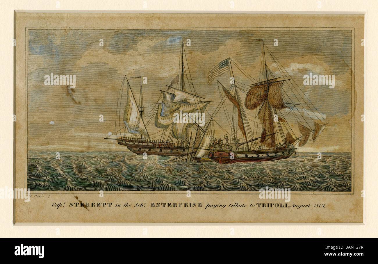 Michele Felice Cornè's print depicts Captain Sterrett aboard the USS ...