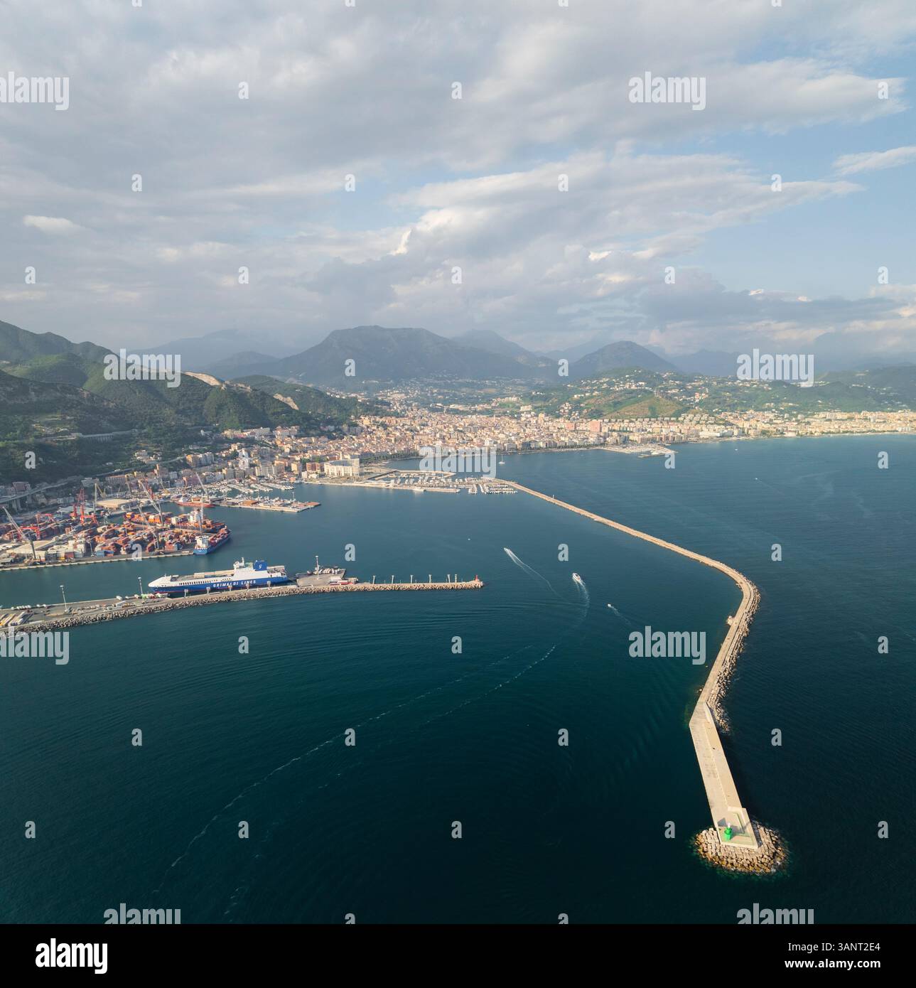 Aerial view of port city and coast with mountains, Salerno, Campania ...