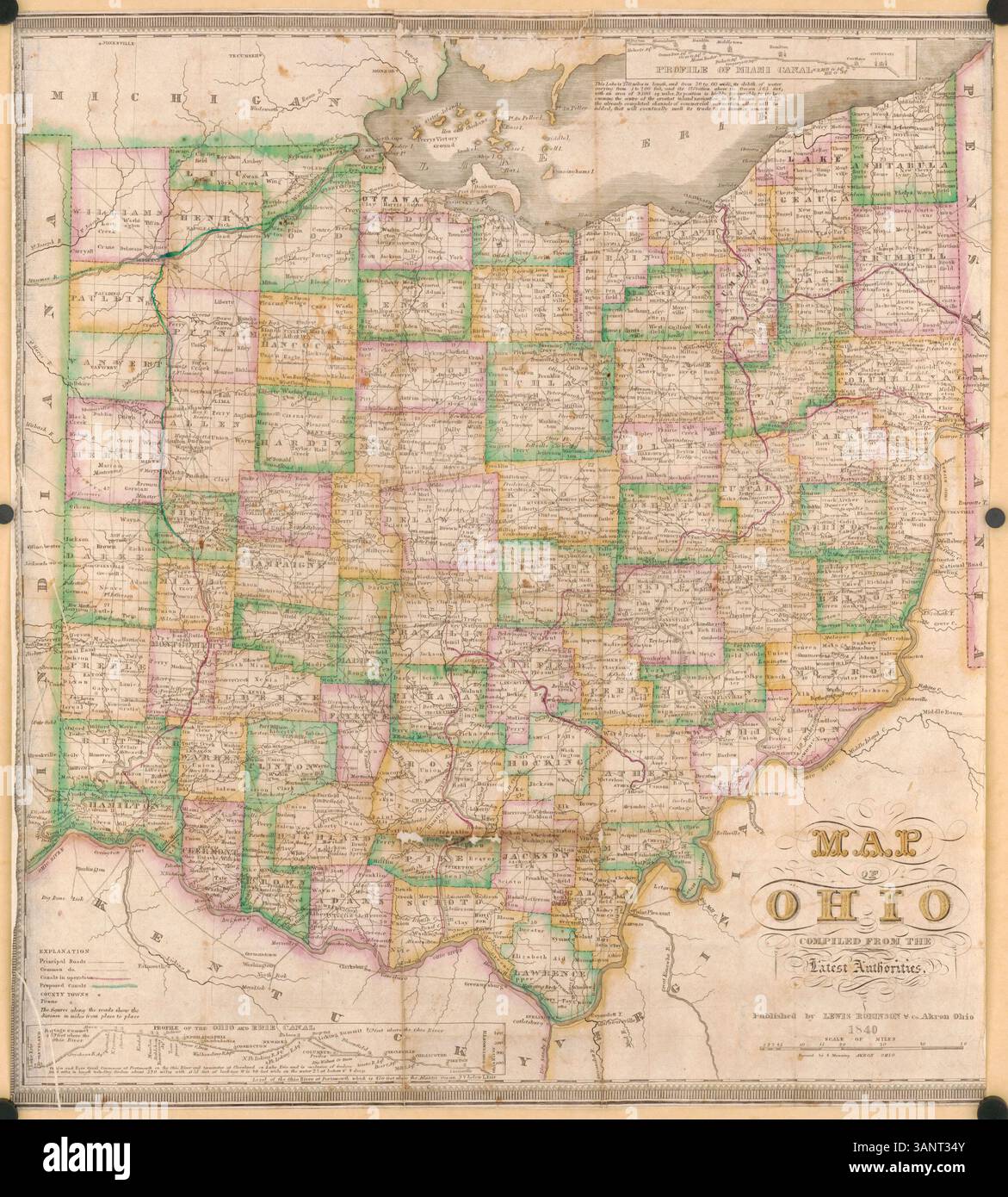 Map of Ohio from 1840, showing county boundaries, existing and proposed ...