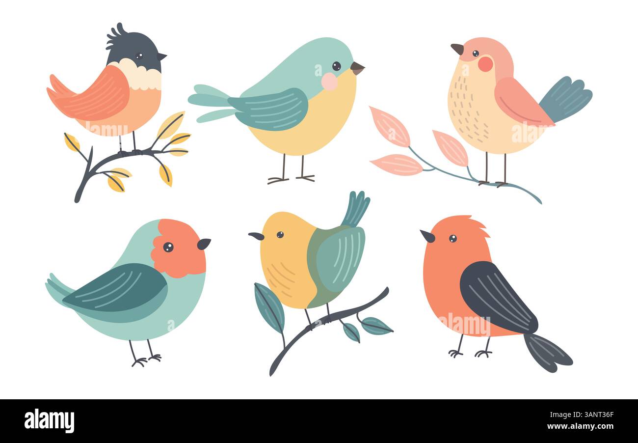 Cute cartoon birds perched on leafy branches with colorful feathers ...