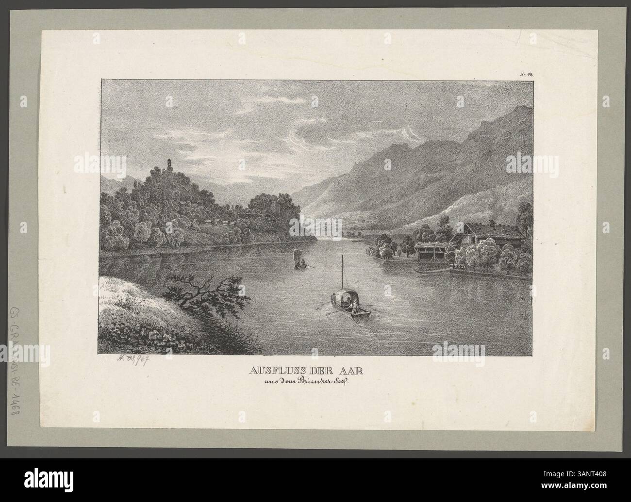 A 19th-century lithograph showing the outflow of the Aare River from ...