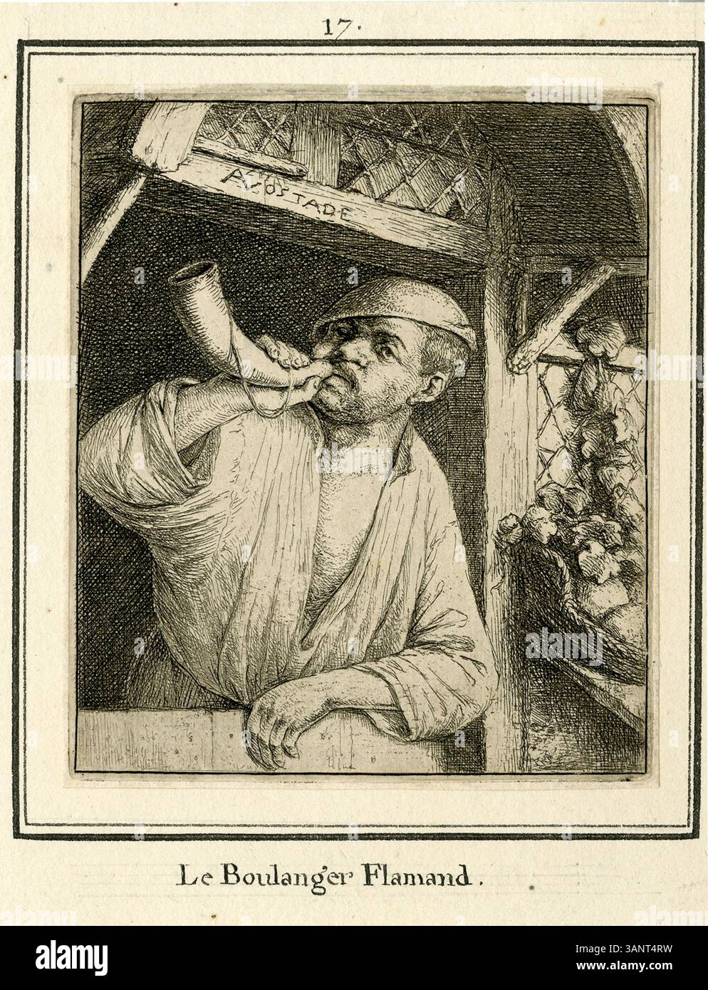 Adriaen van Ostade's 1664 print, 'The Baker Sounding His Horn,' depicts ...