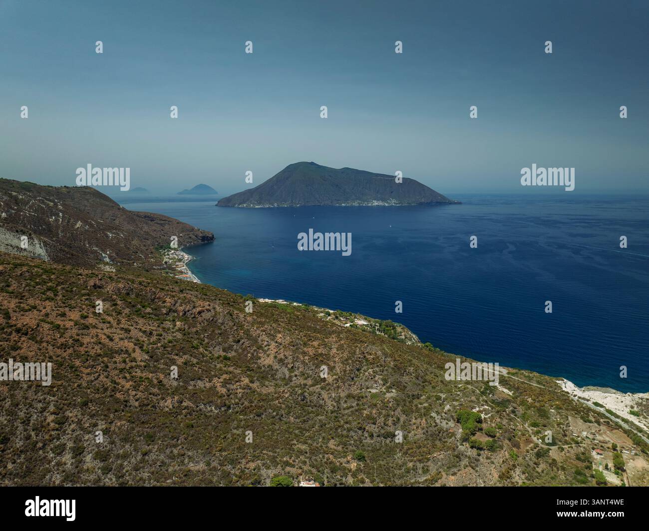 Aerial view of Salina island as seen from Lipari island, Aeolian ...