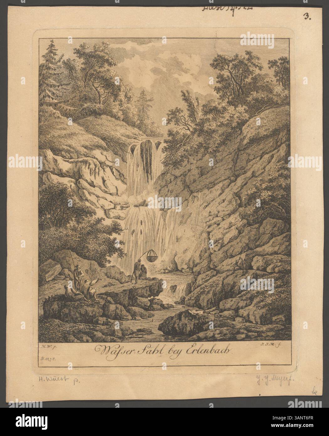 This 1790 etching depicts 'Wasser-Fahl' near Erlenbach, created by Johann Heinrich Wüest and ...