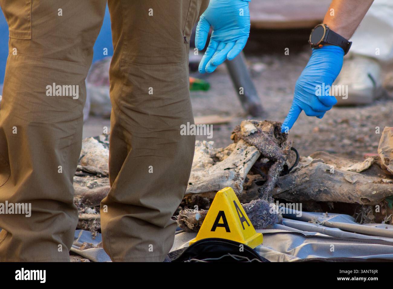 Authorities investigate the discovery of human remains beneath an ...