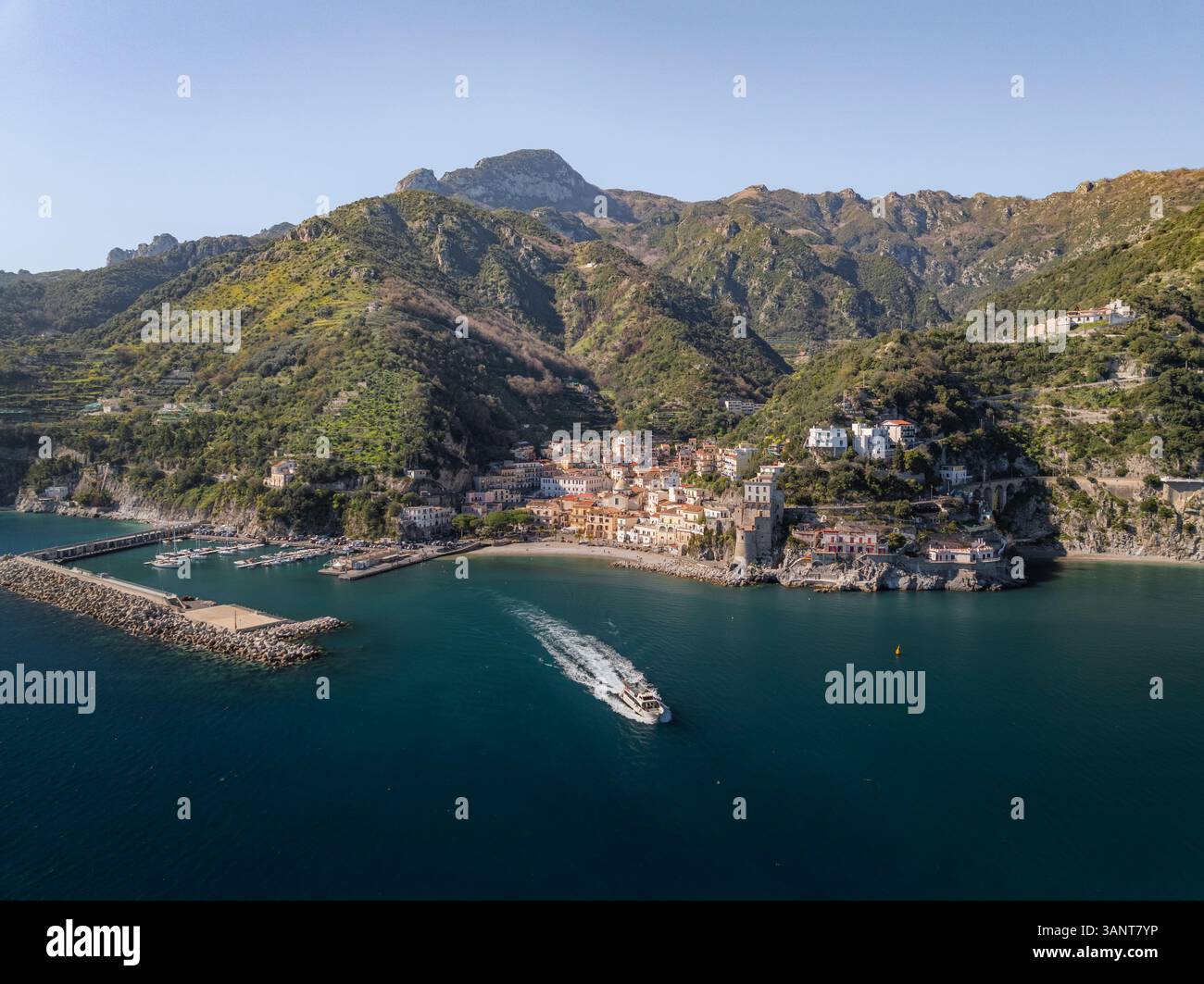 Aerial view of sailboat in Erchie, Mediterranean sea along the Amalfi ...