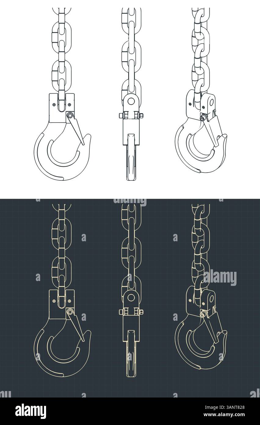 Lifting hook and chains blueprints stylized vector illustrations Stock ...