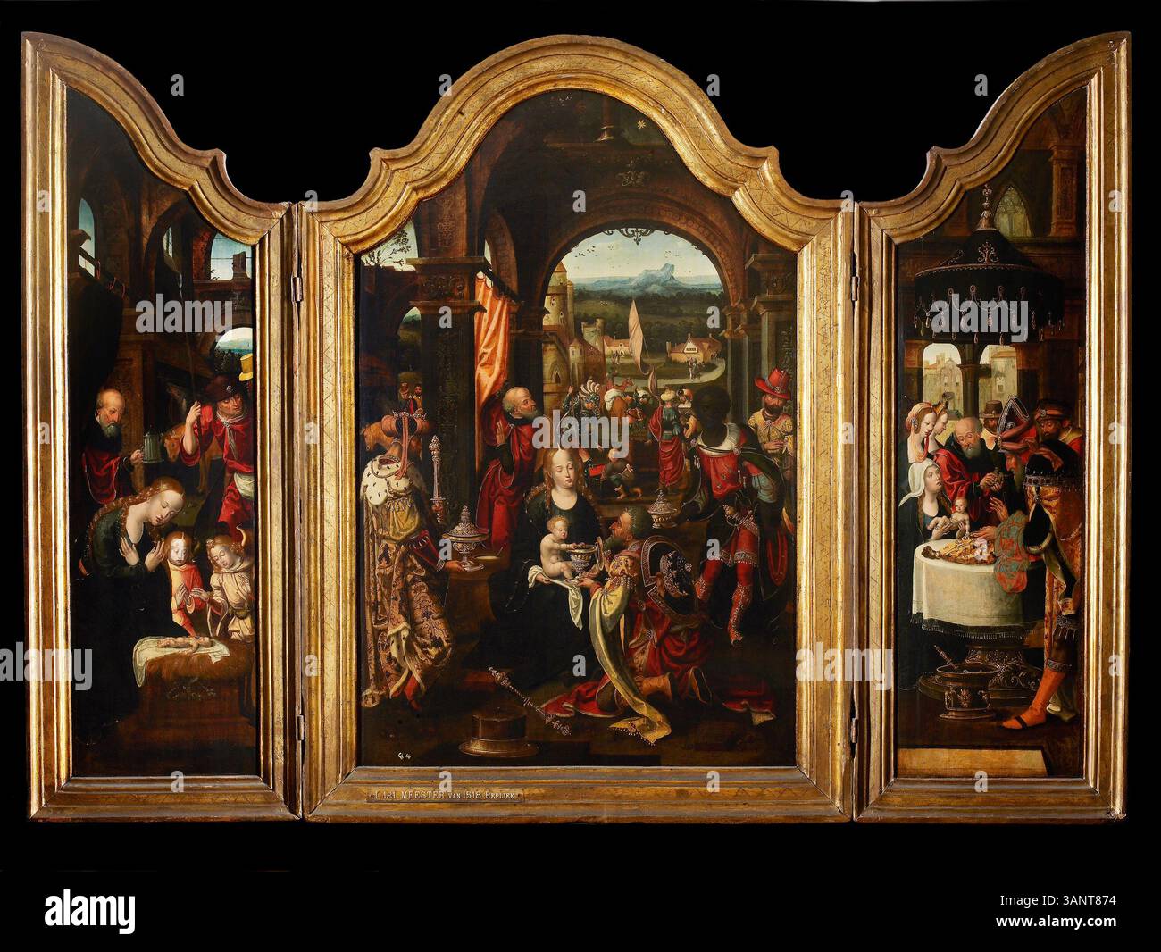 This triptych, attributed to the Master of 1518, features key biblical scenes: the Birth of ...
