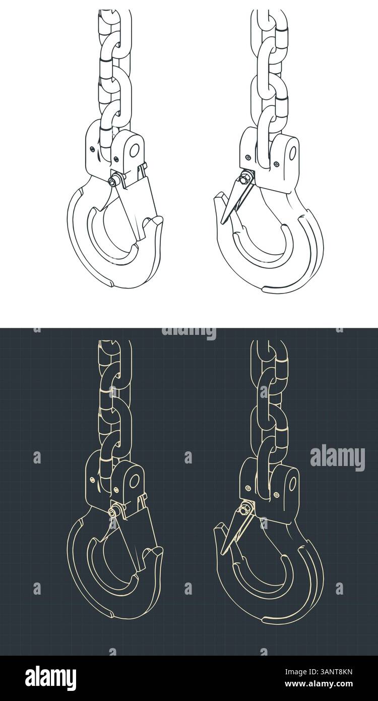Lifting hook and chains isometric blueprints stylized vector ...