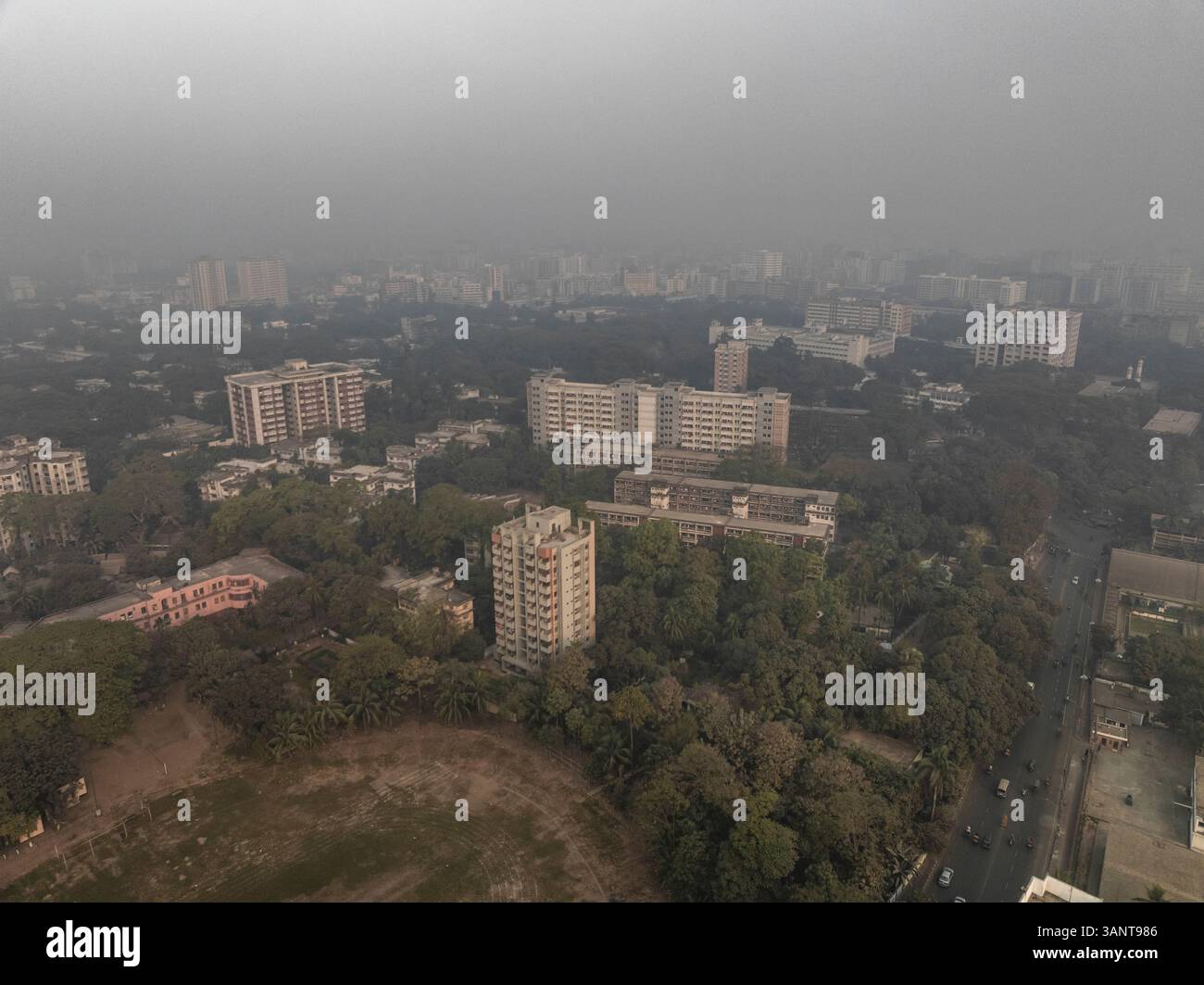 Aerial view of bustling urban jungle with high-rise buildings and ...