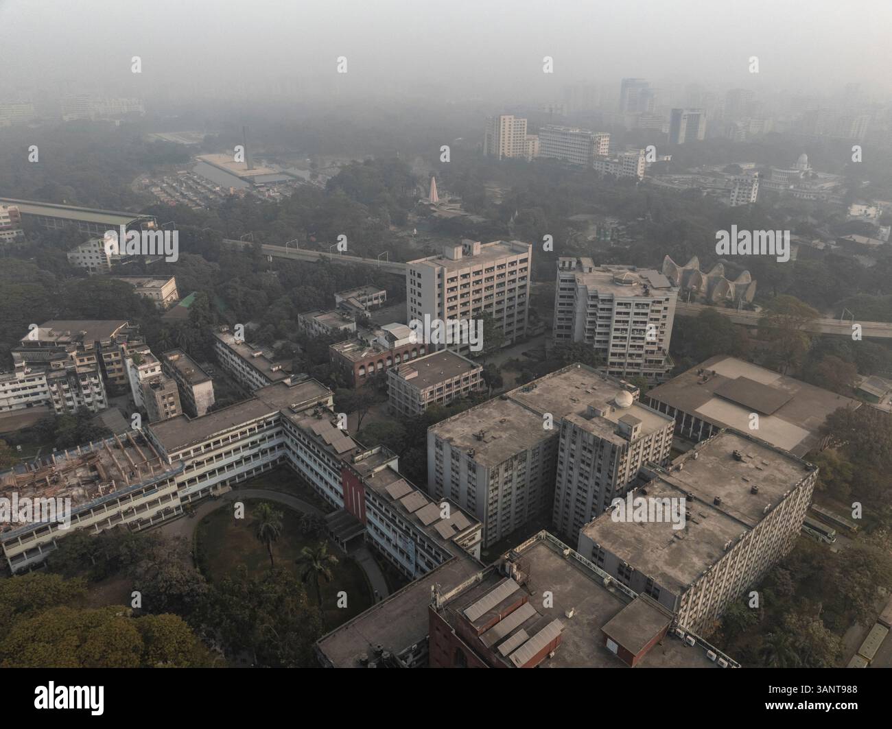 Aerial view of urban skyline with high rise buildings and dense ...