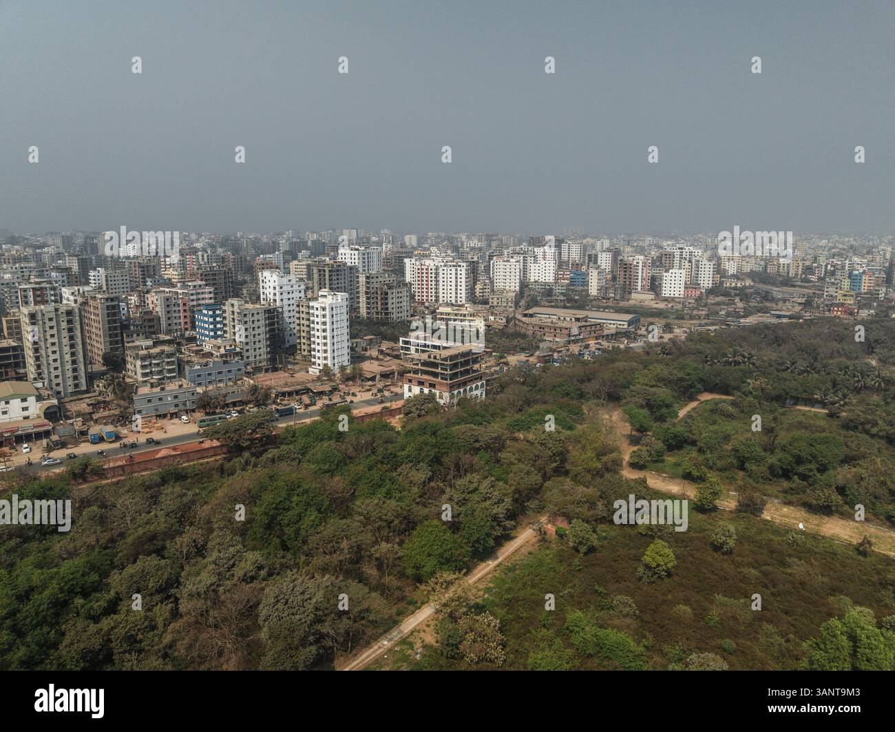 Aerial view of dense urban skyline with modern high-rise buildings and ...