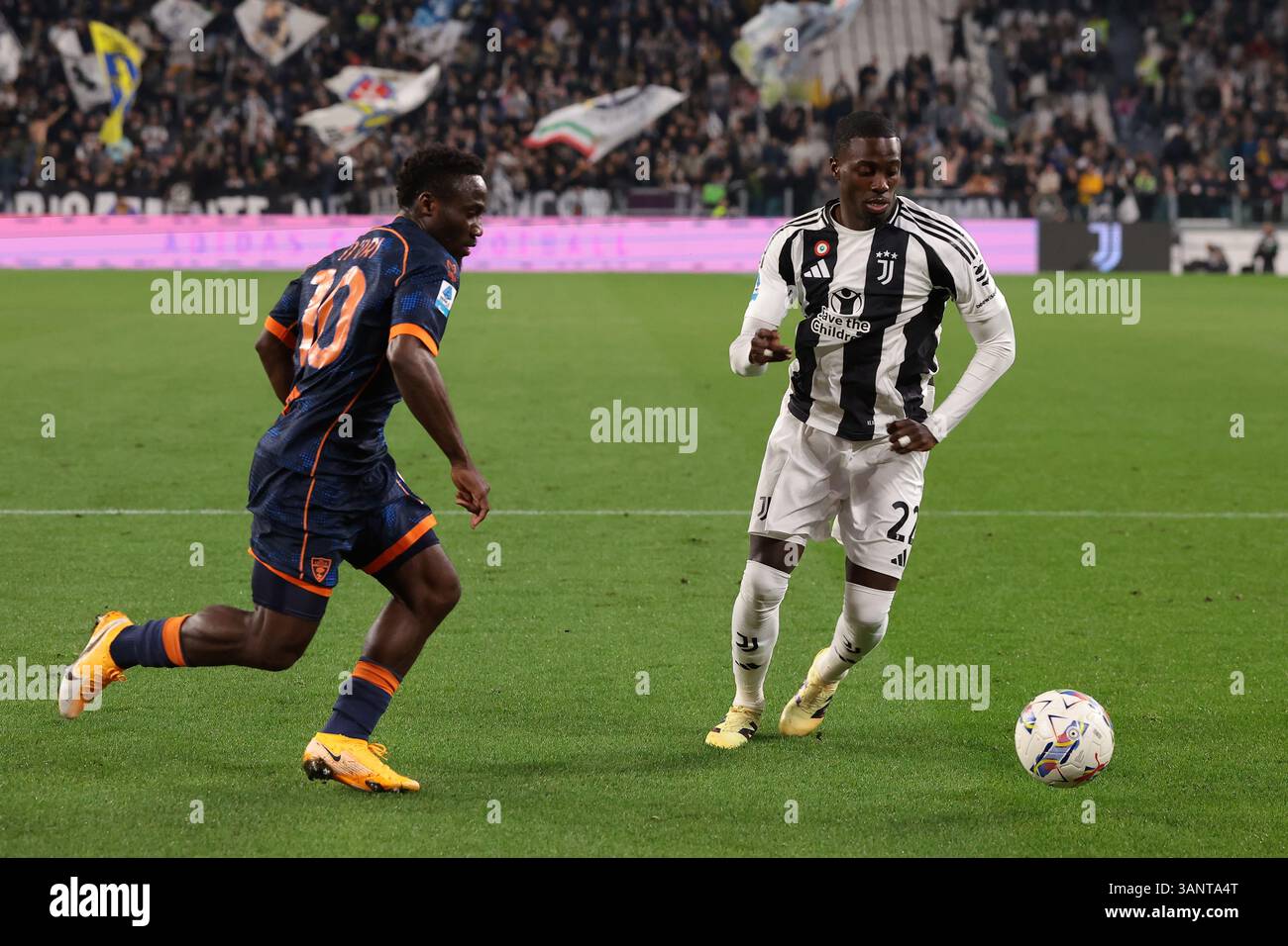 Turin, Italy. 12th Apr, 2025. Timothy Weah of Juventus is pursued by ...
