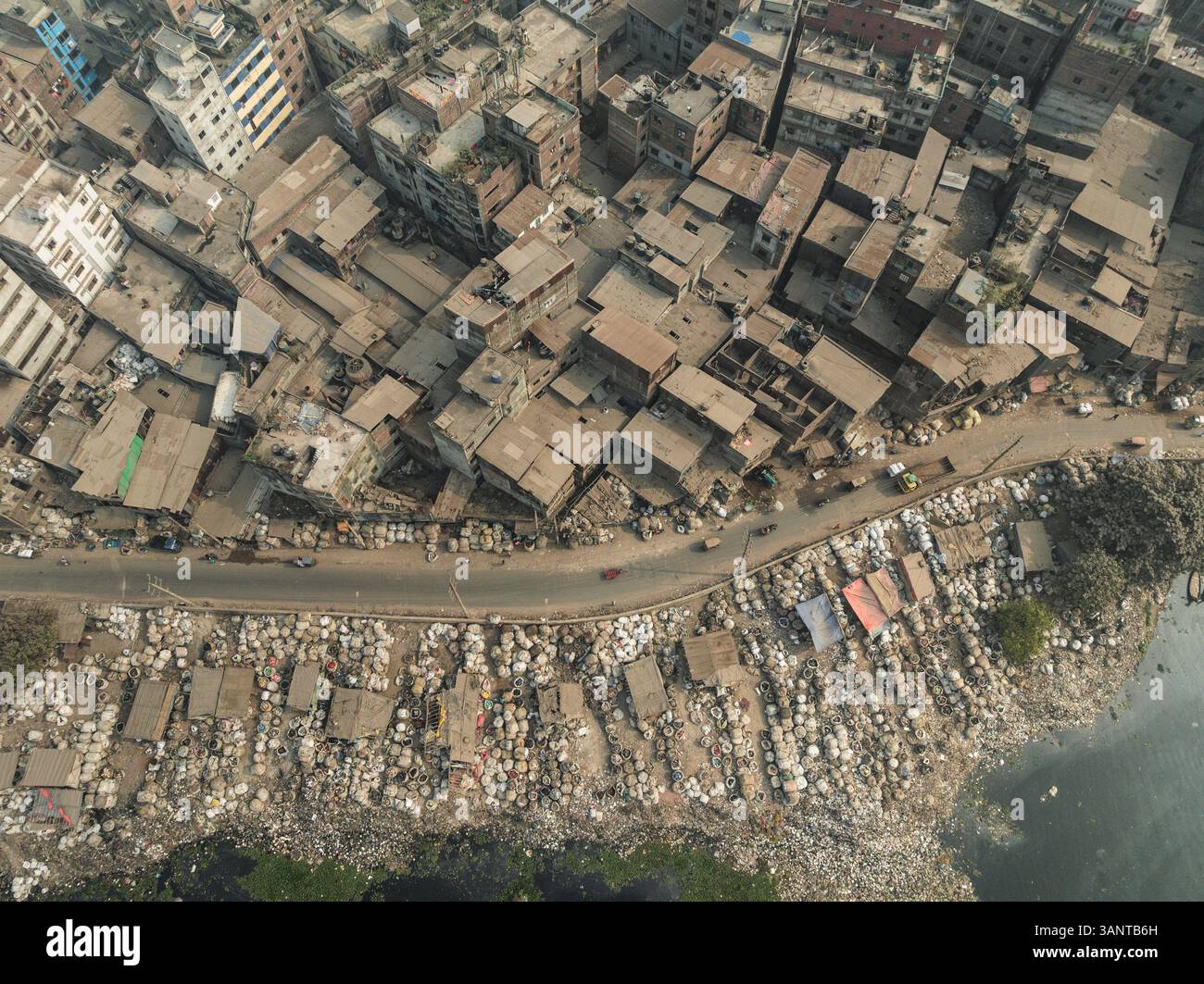 Aerial view of Bagan Bari recycling centre amidst dense urban ...