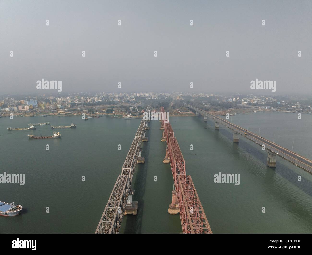 Aerial view of the beautiful Meghna River with a prominent bridge and ...
