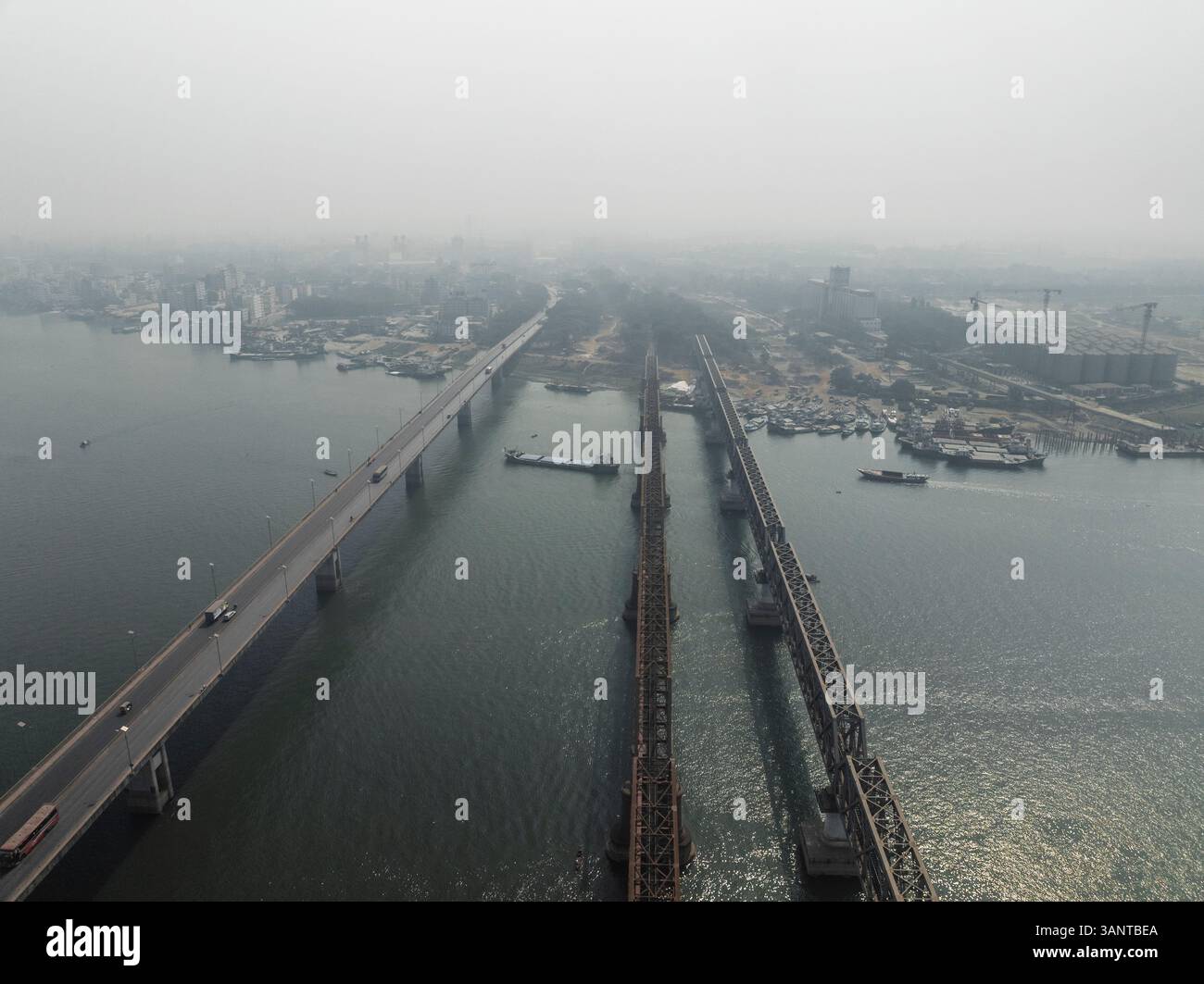 Aerial view of the beautiful Meghna River with a scenic bridge and ...
