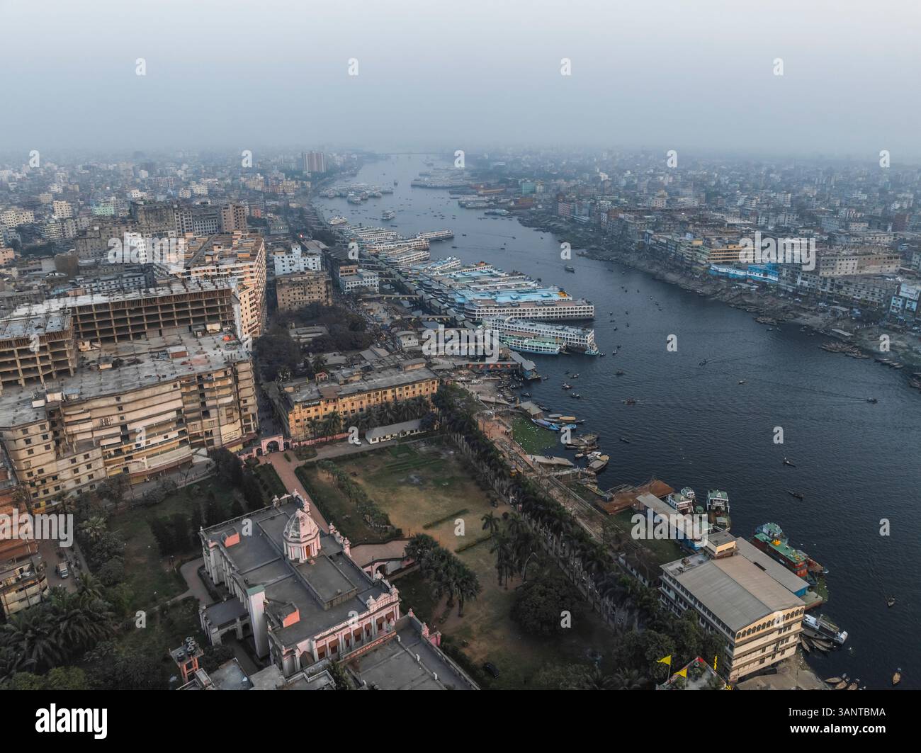 Aerial view of Sadar Ghat along the Buriganga River with vibrant ...
