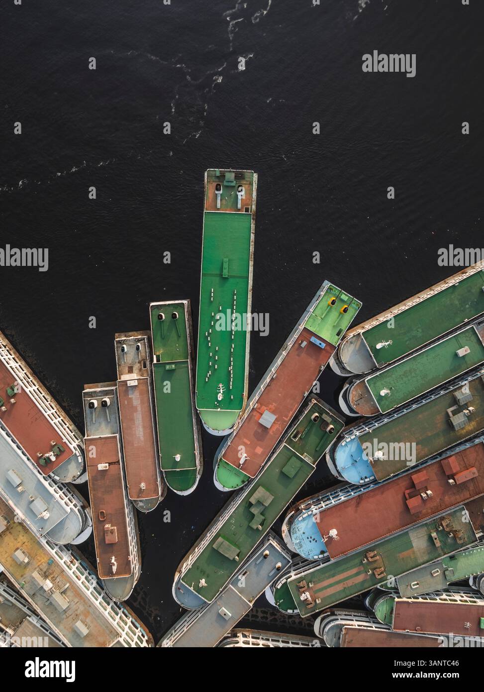 Aerial view of Sadar Ghat on Buriganga River with industrial shipyard ...